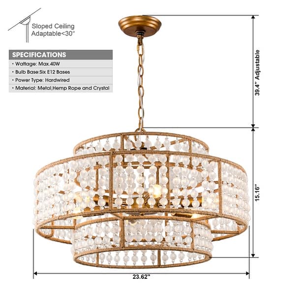 Gold Coastal Frosted Beads 6-Light Rope Drum Chandelier - 23.62 ...