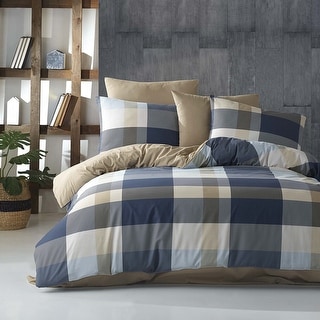 Bahar Checked Blue Cotton Duvet Set of 3 - Bed Bath & Beyond - 37121908