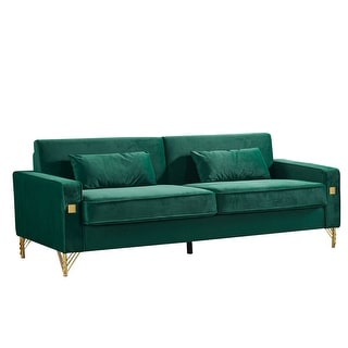 Green Velvet Sofa 3 Seater Straight Row Couch w/ Pillows & Square Arms ...