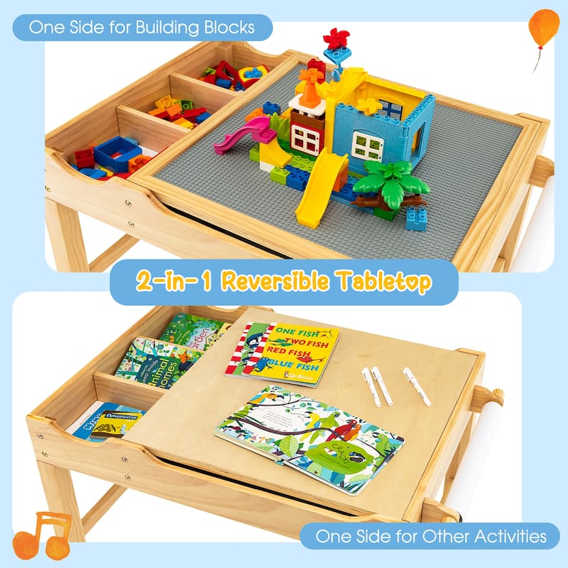 Kids Multi Activity Play Table Wooden Building Block Desk w/Paper Roll ...