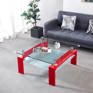 Square 2-Layer Coffee Table with Tempered Glass Top, Contemporary ...