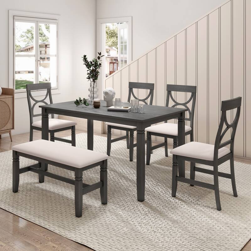 Farmhouse Style 6-Piece Wood Dining Table Set with Upholstered Bench ...
