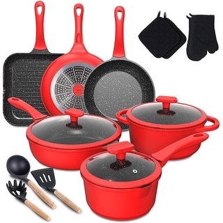 Pots and Pans Set 16-Piece Nonstick Granite Coating Cookware Sets Red ...
