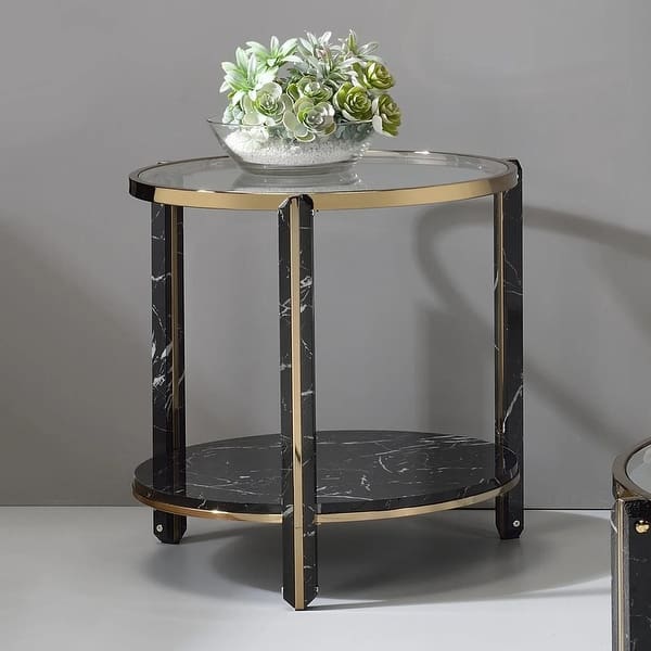 1 Tier Shelf Round Faux Marble Glass End Table in Black and Champagne ...