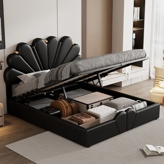 Eye-Catching PU Upholstered Platform Storage Bed, Queen Size, Obsidian ...