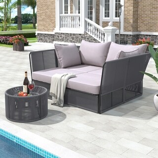 2-Piece Outdoor Patio Daybed Sunbed with Clear Tempered Glass Table ...