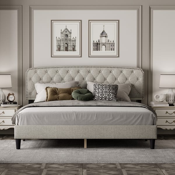 King size Adjustable Headboard with Fine Linen Upholstery and Button ...