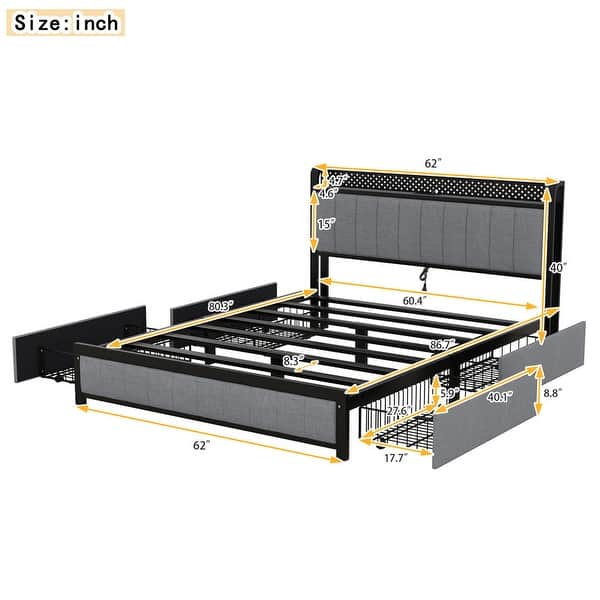 Queen Upholstered Bed with 4 Storage Drawers and USB Ports - Bed Bath ...