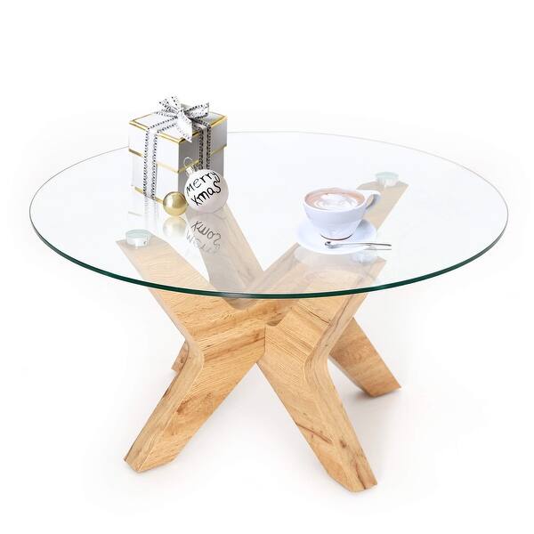 Ivinta Round Glass Coffee Table with Wood Frame 32 inch - 31.5" - Bed ...