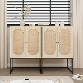 Set of 2, Allen 2 Door High Cabinet, Rattan, Built-in Adjustable Shelf ...