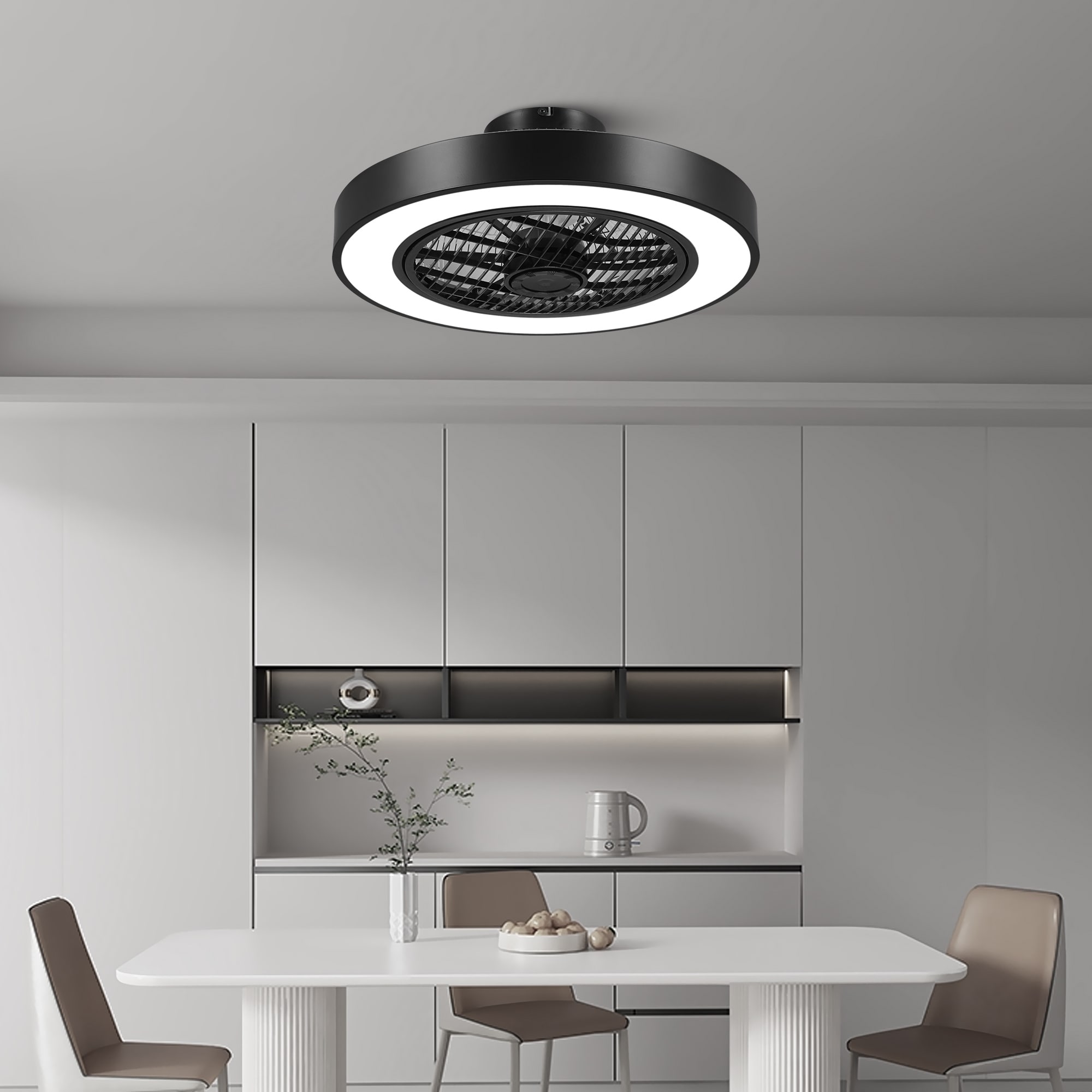 23" White Enclosed Bladeless Flush Mount Low profile Ceiling Fan - On ...