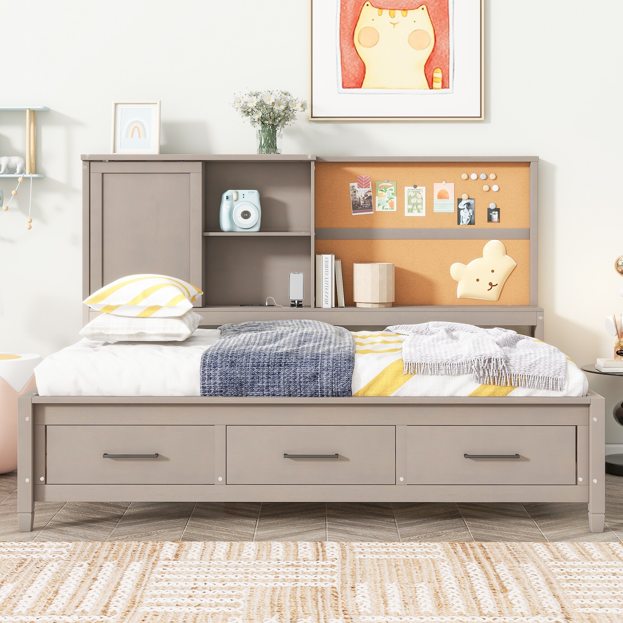 Twin Daybed, Solid Wood Platform Bed Sofa Bed with Drawers & Guardrail ...