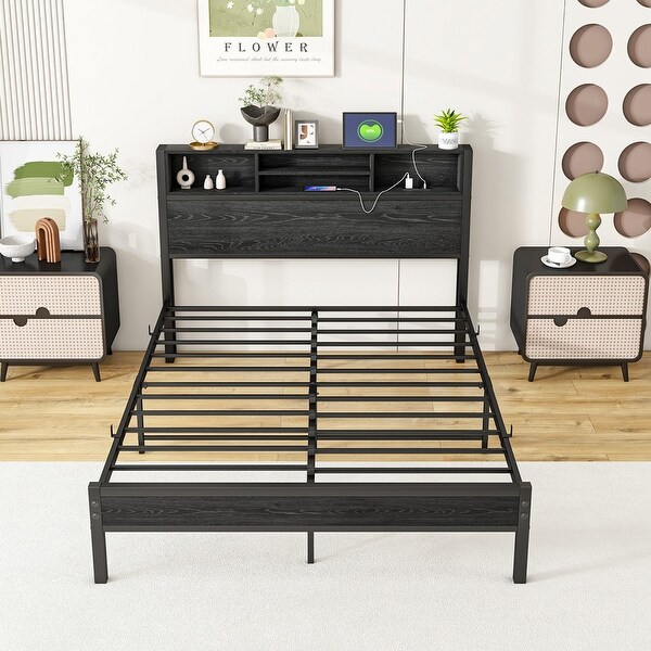 Metal Platform Bed Frame with Storage Headboard Bookcase Storage Built in 2 Standard Plug Outlets 2 USB Ports Twin Size Black