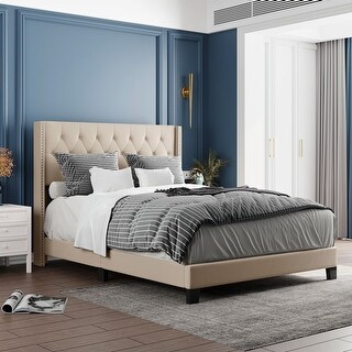 Queen Panel Bed with Tufted Button Headboard, Box Spring Needed, Beige ...