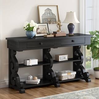 Solid Wood Retro Console Table with Storage Open Shelves and Drawers ...