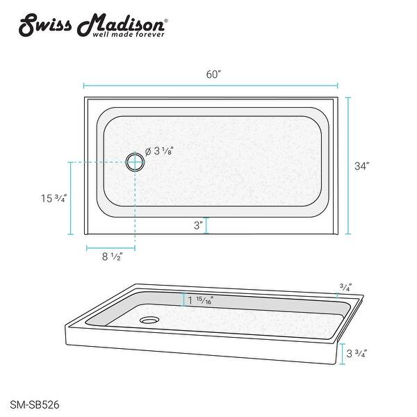 Voltaire 60" x 34" Acrylic White, Single-Threshold, Left Side Drain ...