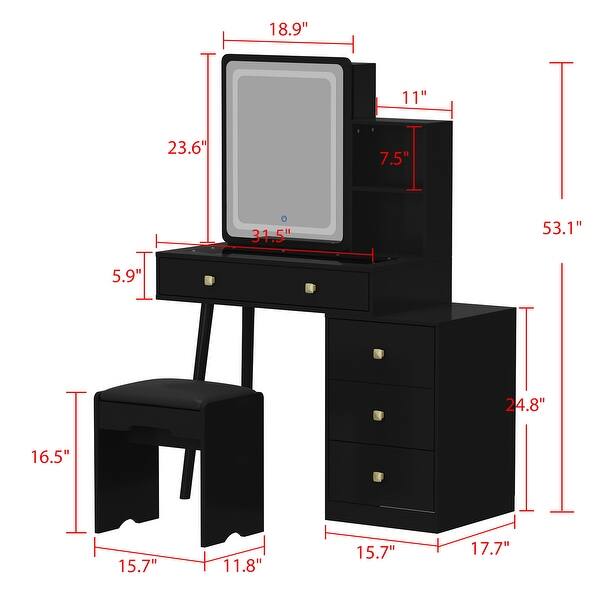 Vanity Set wi/Color Touch Screen Mirror and Cushioned Stool Glass Top ...