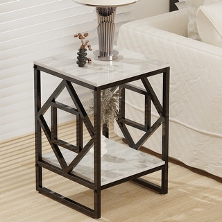 Metal Geometric-Base 2-Tier Sintered Stone End Side Table - Bed Bath ...