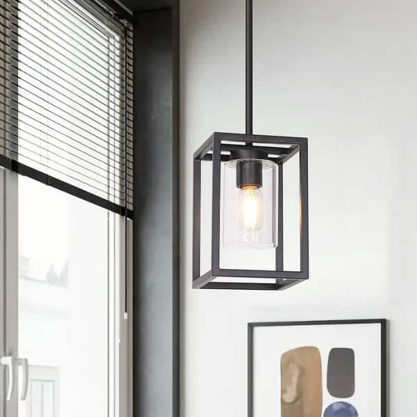 YANSUN 6.7 in.1-Light Black Square Framed Pendant with Clear Glass ...