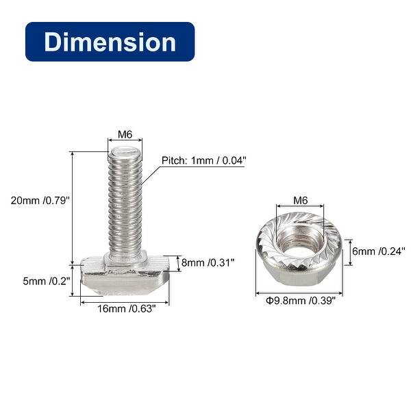 T Slot Drop-in Bolt & M6 Hexagon Flange Nut Set, 10 Sets for 30 Series ...