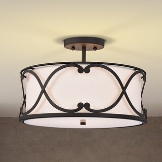 Kine Brown 3-Light Metal & Fabric Drum Semi-Flush Mount - as picture ...