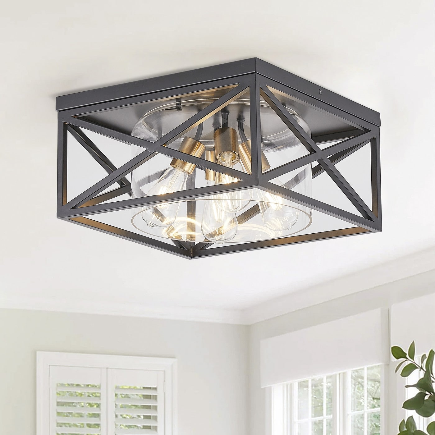 Industrial Rectangle Flush Mount Ceiling Light Fixture with Glass Shade ...