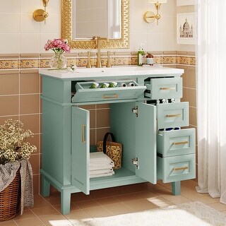 36-Inch Green Bathroom Vanity with Resin Sink, Soft Close Doors, 4 ...