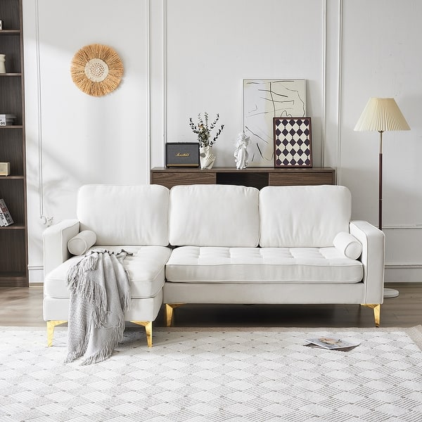 Burlap Upholstered Sectional Sofa with Gold Trident Legs - Bed Bath ...