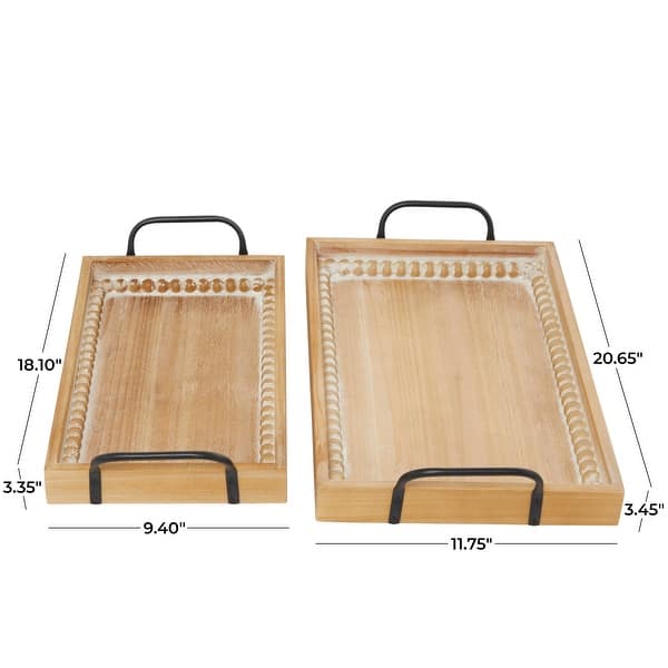 Brown Wood Carved Beaded Tray with Metal Handles (Set of 2) - 21", 18"W ...