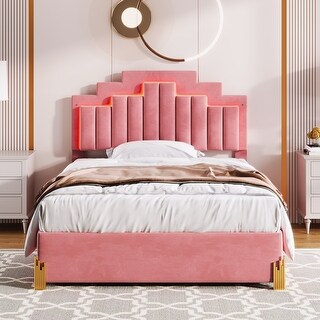 Pink Versatility Full Upholstered Bed w/ LED Lights and 4 Drawers - Bed ...