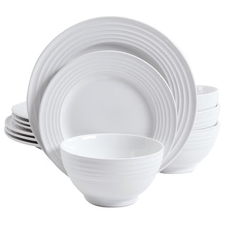 Gibson Banded Gloss 12 Piece Stoneware Dinnerware Set in White - Bed ...