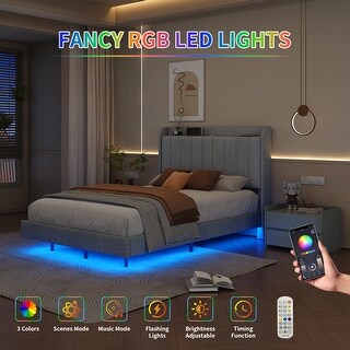 Light Grey Full size Floating Bed Frame,with Remote control LED Lights ...