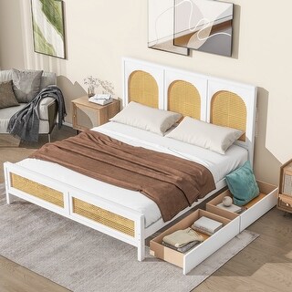 Wood Storage Platform Bed with 2 Drawers, Rattan Headboard and ...