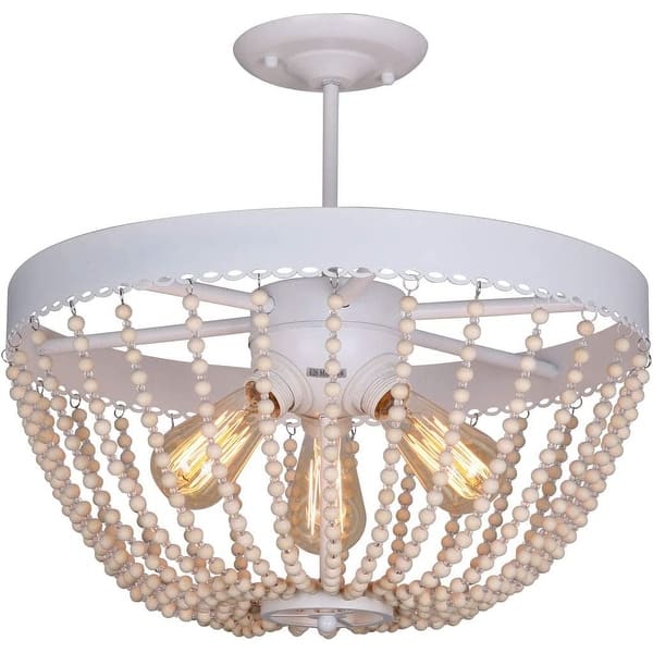 Antique White Metal and Wood Beads Round Farmhouse Bedroom Flush Mount ...