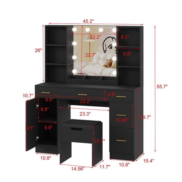 Vanity Desk with LED Lighted Mirror 10 LED Lights 3 Color Brightness ...