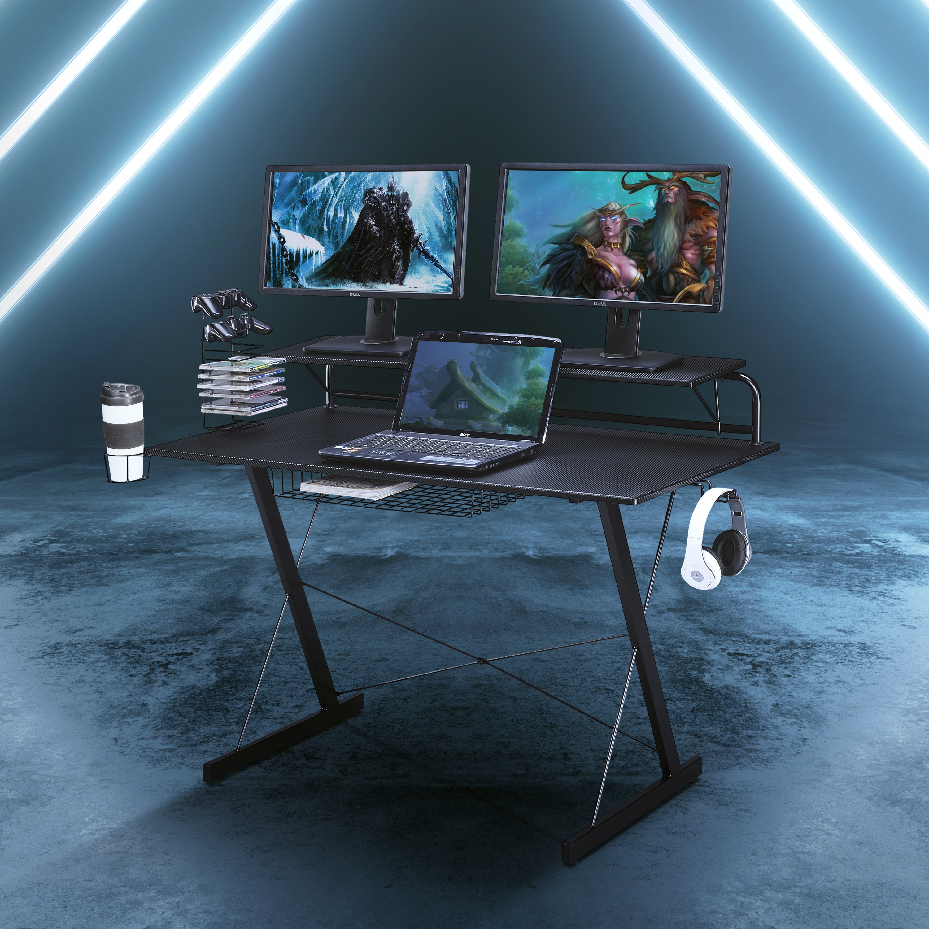 47.25 Computer Gaming Desk Two Way Computer Desk with Elevated Monitor Stands CD Rack Cup Holder Accessories Storage