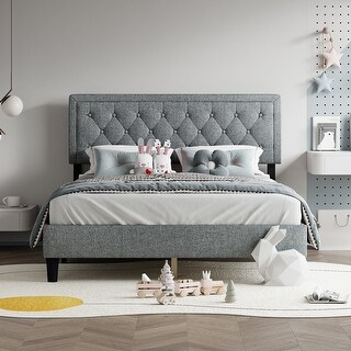 Light Grey Queen Size Linen Bed Frame with Adjustable Button-tufted ...