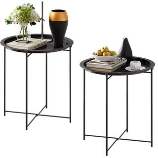 Set of 2 Foldable Round Metal Side Tables for Indoor and Outdoor Use ...