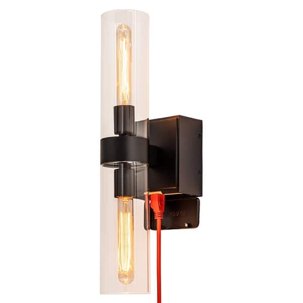 2-Light Black Wall Sconce with GFCI Outlet and Clear Glass Tubes - Bed ...