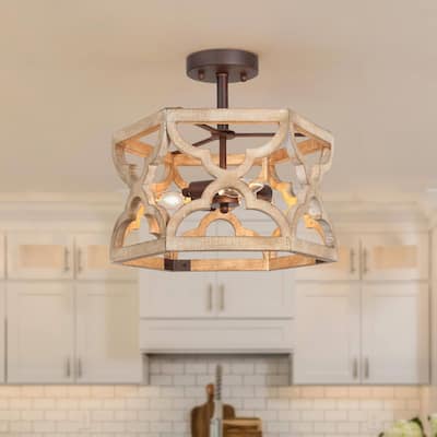 Modern Farmhouse 3-Light Wood Semi-Flush Mount Rustic Ceiling Light ...