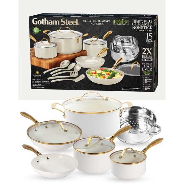 Gotham Steel Cream 15 Piece Ultra Nonstick Ceramic Cookware Set with ...