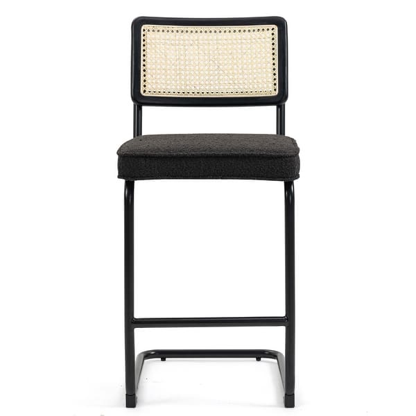 Set of 2 Ayers Black Fabric Counter Stool with Rattan Backrest and ...