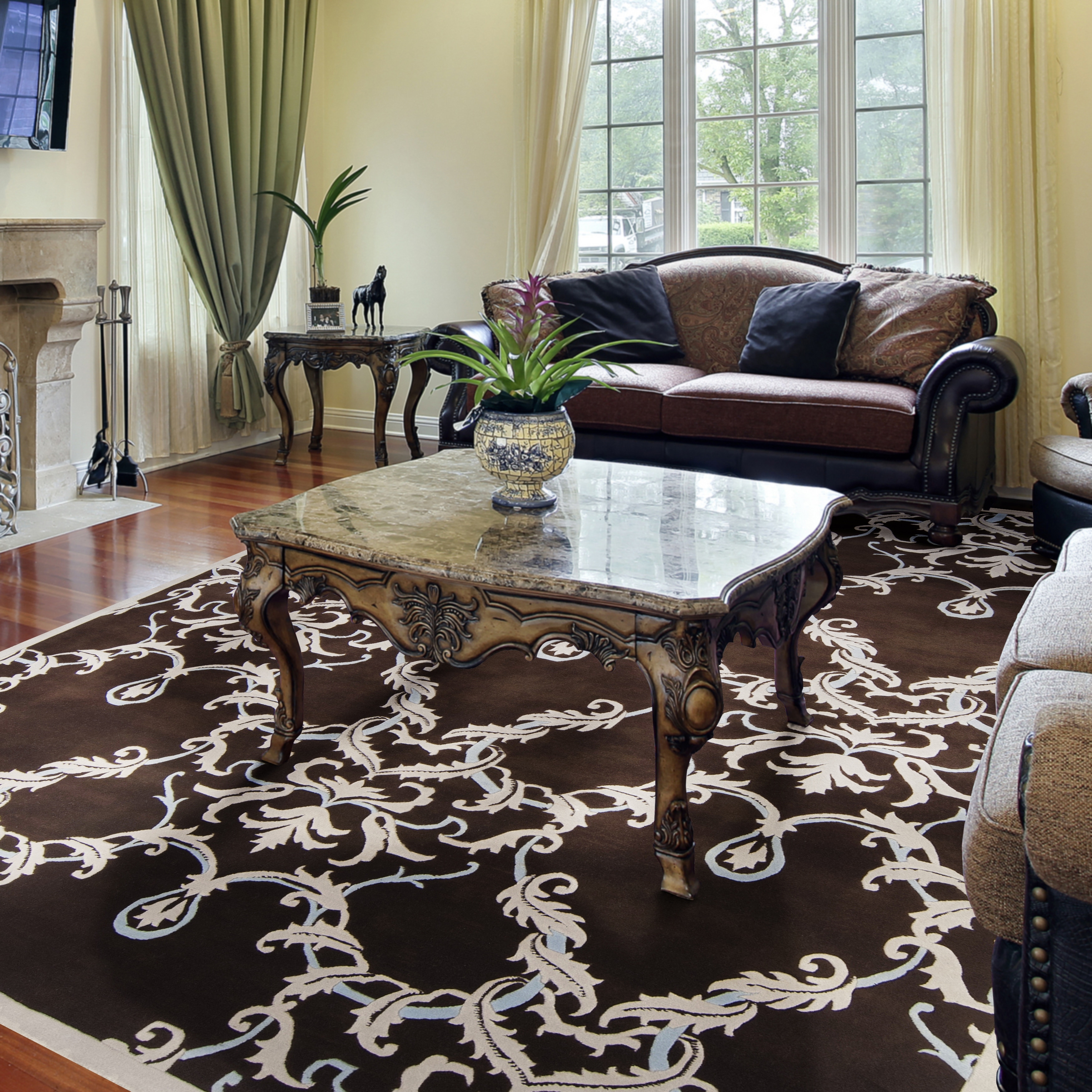 Hand-knotted Neoteric Brown Damask Print Wool Area Rug - 5' x 8' - Bed ...