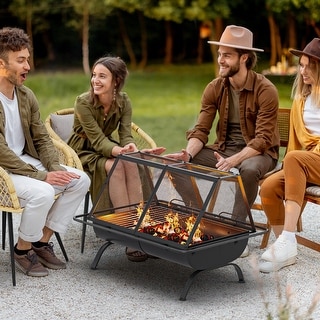 Steel Wood Burning Outdoor Fire Pit with Grill - 35.4"Lx25.6"Wx25.6"H ...