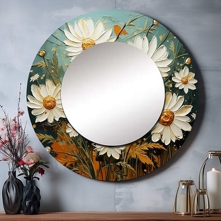 Designart "White And Teal Daisy Serenade II" Landscapes Round Mirror ...