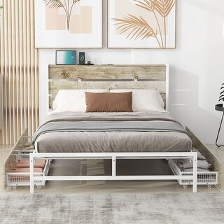 Modern Full Size Metal Bed Frame with Storage Drawers and USB Charging ...