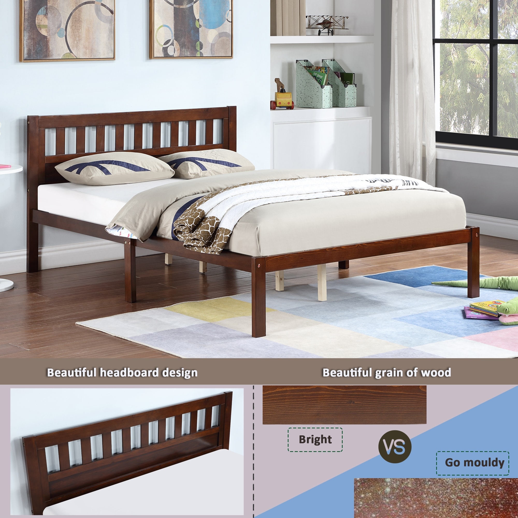 Space Saving Wood Slat Support Bed Full Size Walnut Bed Platform Bed ...