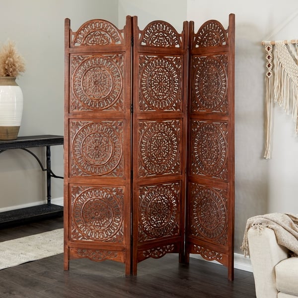 Brown Wood Handmade Hinged Foldable Partition 3 Panel Floral Partition ...