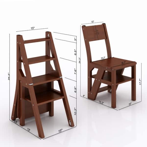 Brown Finish,Solid Wood Step Folding Ladder Chair,Multifunction Wood ...