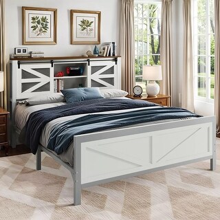 Queen Size Metal Bed Frame Wooden Storage Headboard & Power Outlets ...